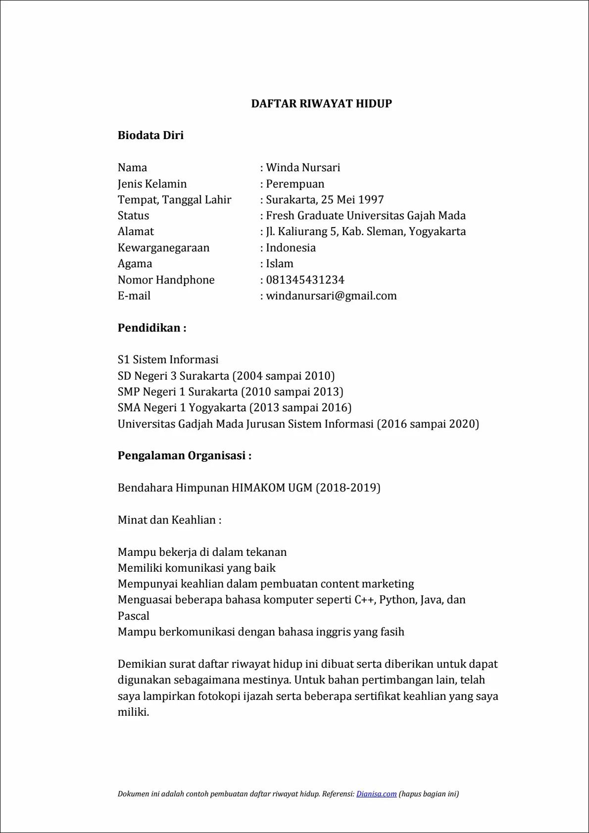 11 Contoh Daftar Riwayat Hidup File Word (doc) Untuk Lamaran Kerja ...