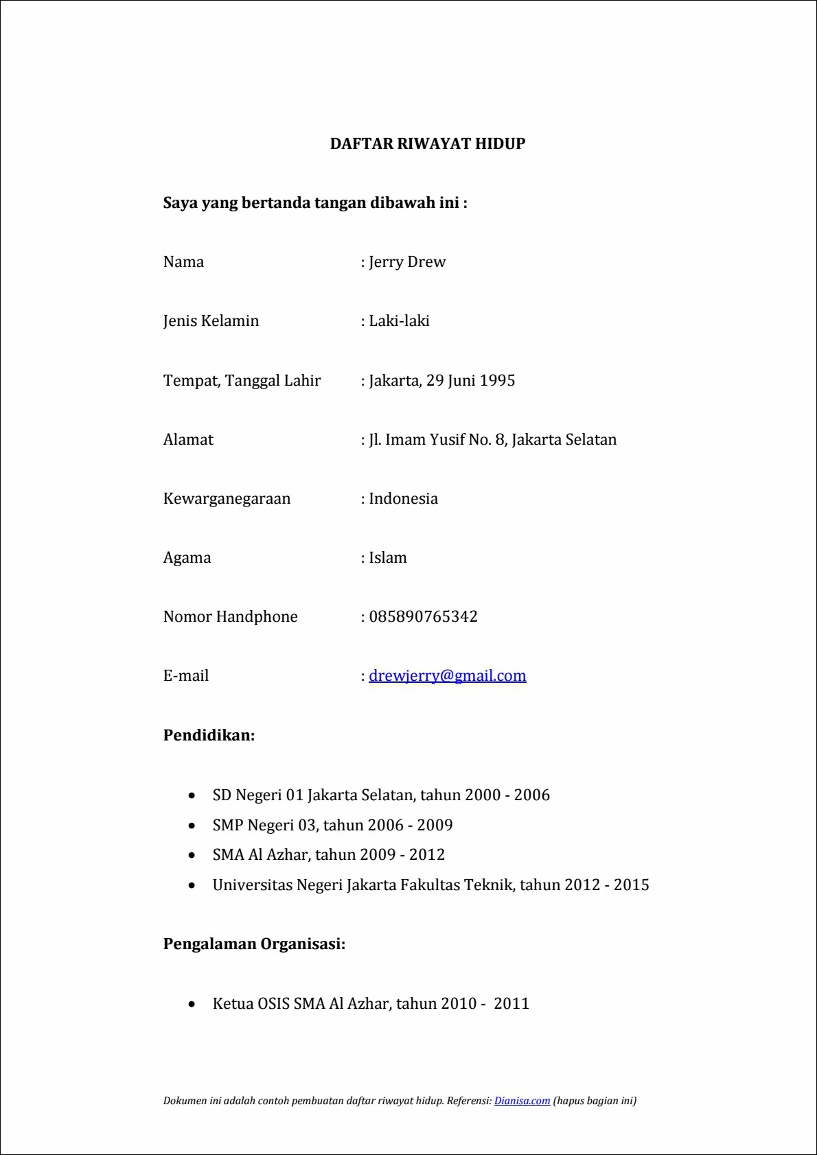 11 Contoh Daftar Riwayat Hidup File Word (doc) Untuk Lamaran Kerja ...